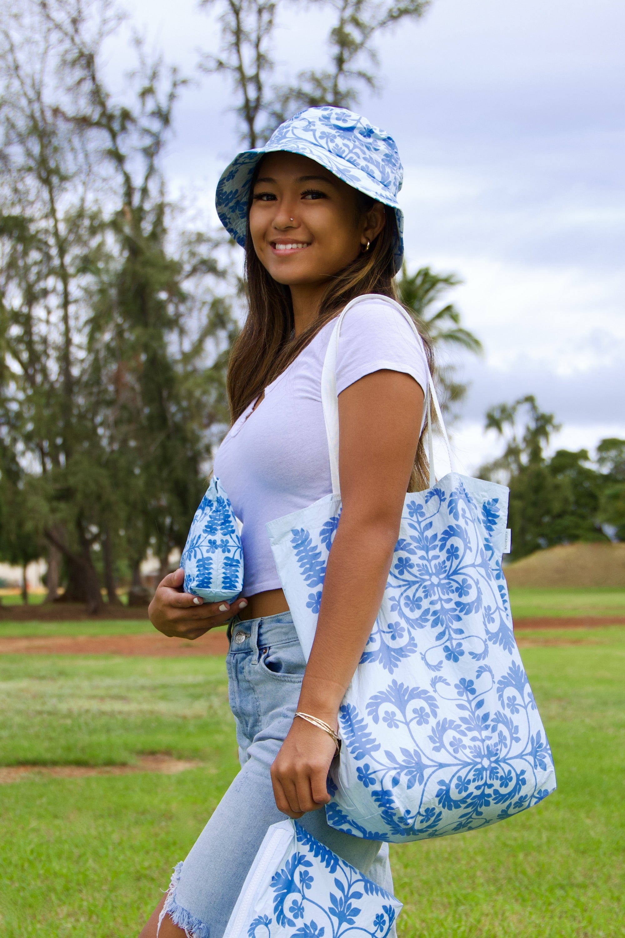 Hawaiian Quilted Tote Bag | Blue On Blue & Palaka Pale Blue| Citadine